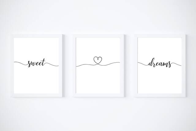 Set Of 3 Sweet Dreams Bedroom Prints, Sweet, Line Heart, Unframed Wall ...