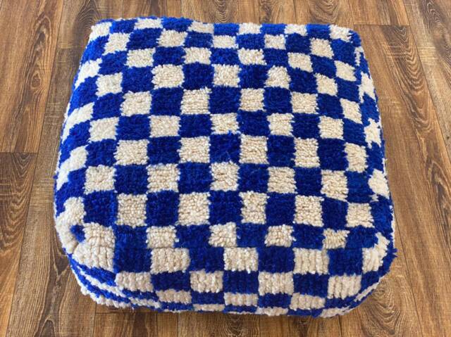 Moroccan Pouf Ottoman, Checkered Blue & White Square Checker Pouf ...