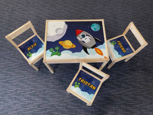Personalised Children's Ikea Latt Wooden Table & 3 Chairs Printed Space ...