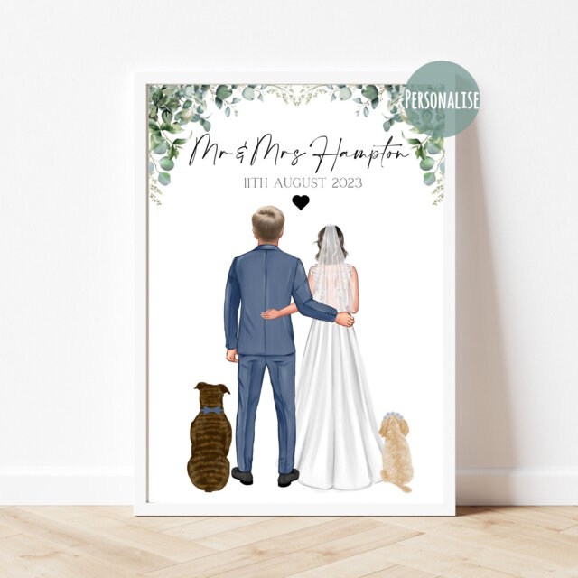 Personalised Wedding Couple Print With Dog, Portrait, Bride & Groom ...