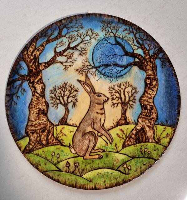 Moon Gazing Hare, Witchcraft Witches Art Pyrography Original Art, Hand ...