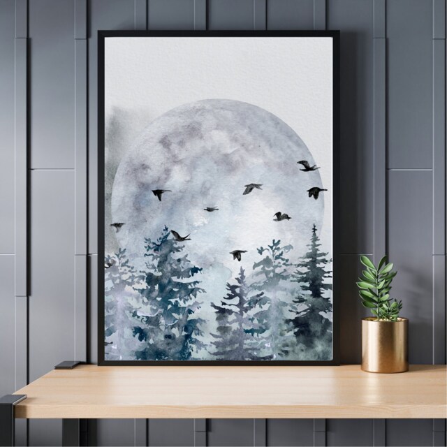 Full Moon Print, Phase Lounge Wall Art, Watercolour Artwork, Gallery ...