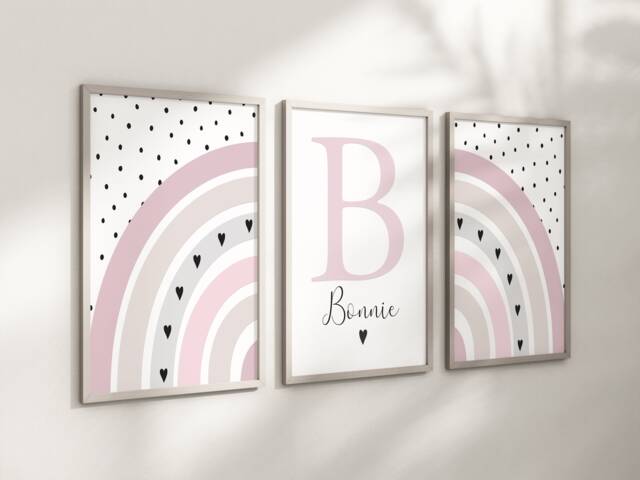 Girls Personalised Rainbow Prints A4 Or A3 Nursery Set Of Unframed Pink ...