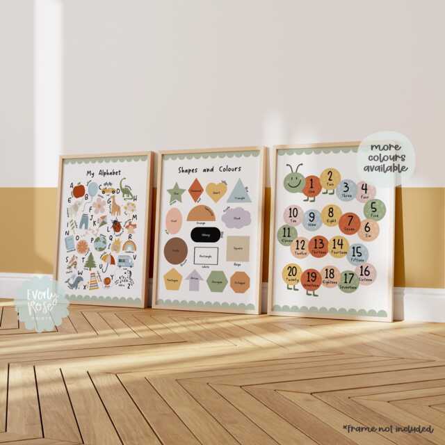Set Of 3, Playroom Prints, Shapes & Colours, Alphabet, Number ...