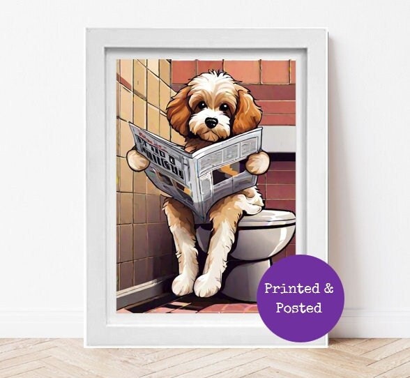 Cavapoo Sitting On Toilet Reading Newspaper - Cavoodle Cockerpoo Print Funny Dog Picture ...