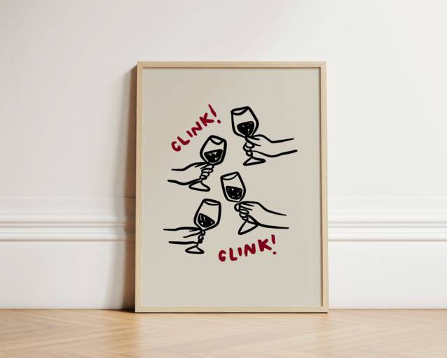 Cheers Print, Clink Clink, Ink Bleed Style, Trendy Wine Glasses ...