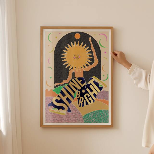 Whimsical Sun Character Art Print - Shine Bright Gold Foil Text ...