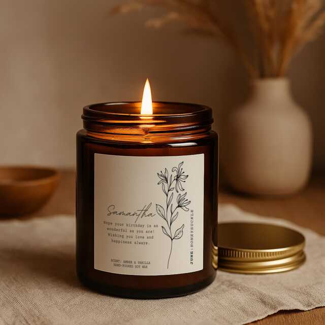 June Birthday Candle - Honeysuckle Birth Flower Gift Personalised Amber ...