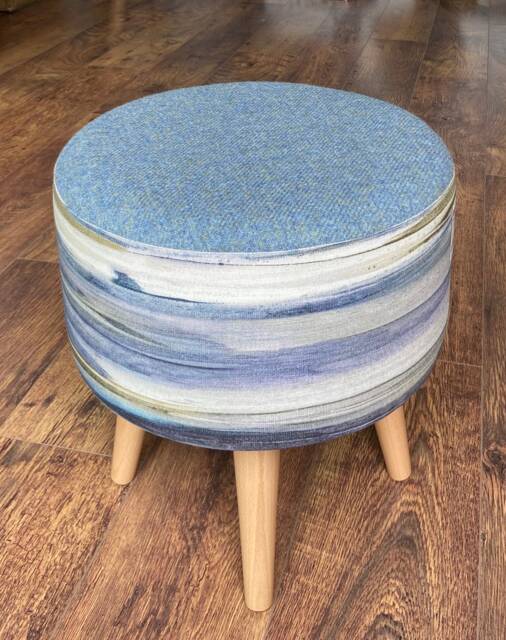 Seascape & Blue Harris Tweed Footstool With Varnished Wooden Legs by ...