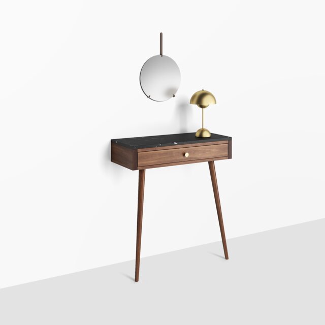 Walnut Console Hallway Table With Marble Top, Drawer & Two Legs ...