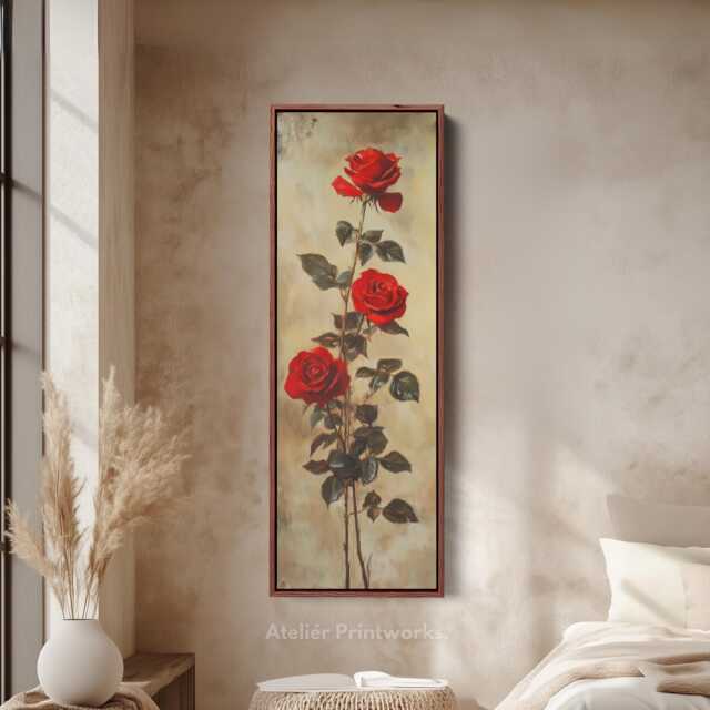 Red Roses Painting Long Narrow Vertical Wall Art, Large Canvas Decor ...