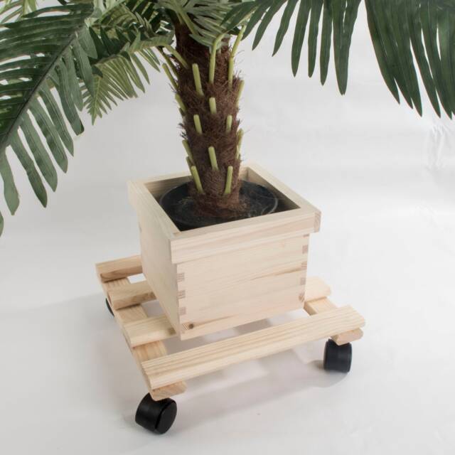 Wooden Square Pot Trolley Plant Stand - Flower Dolly Planter Caddy ...