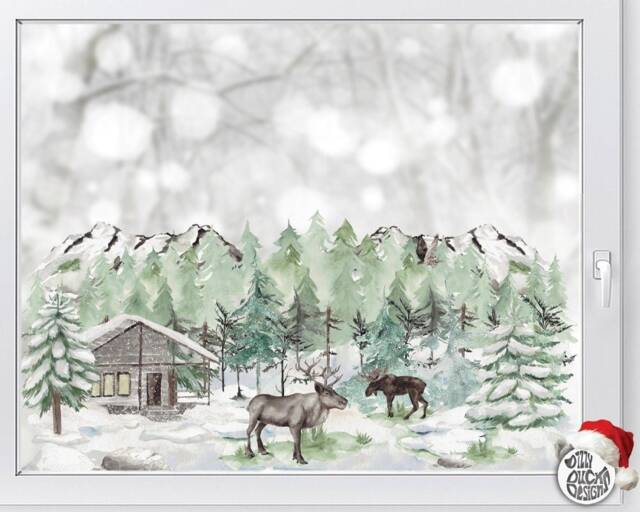 Green Watercolour Snowy Winter Forest Border - Nordic Moose Window ...