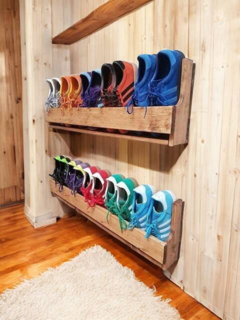 Shoe Rack Wall Mounted Reclaimed Wood Trainers Organizer Slipper Holder ...