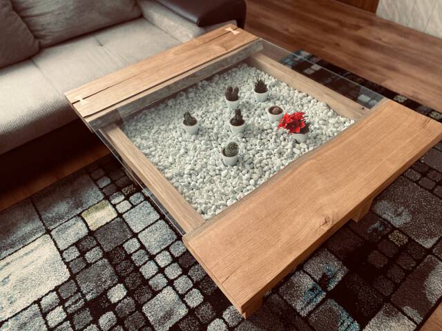 Unique Coffee Table, Table With Glass & Rocks, Table From Solid Oak ...
