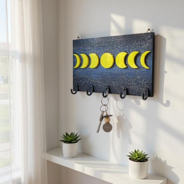 Moon Phase Key Holder Starry Night Sky Wall Hanger, Fluorescent Lunar ...