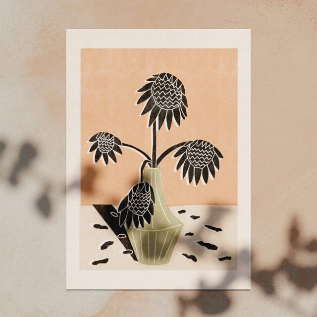 Sunflower in Vintage Vases Linocut Art Print Various Color Combinations ...