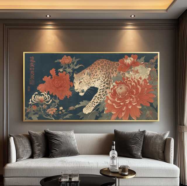 Japanese Leopard Art Print Ukiyo-E Chrysanthemum Floral, Japandi Zen by ...