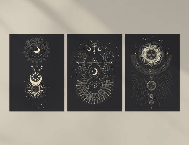 3 X Celestial Posters - Magical Black Trio Of Prints Portrait Poster ...