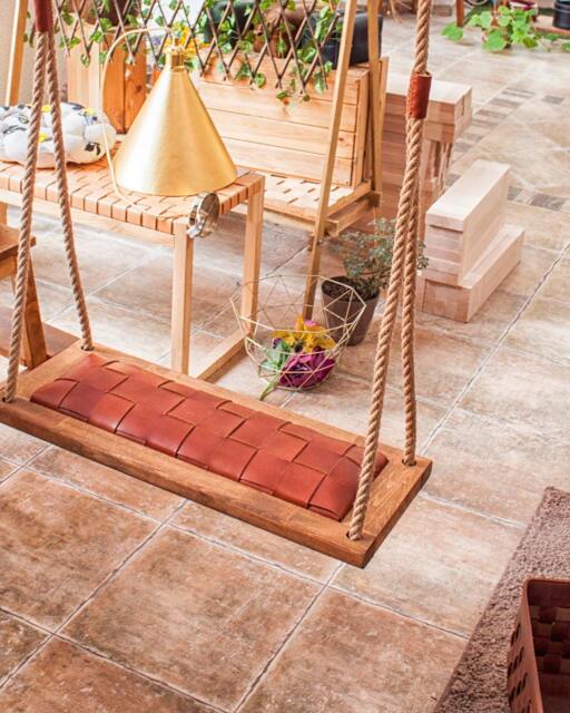 Swing Chair in Walnut Wood & Leather Seating Cushion Outdoor Decor ...