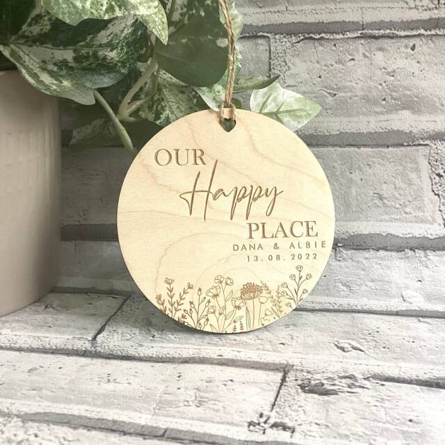 Our Happy Place Plaque, Personalised Wooden Gift, New Home Sign, Moving ...