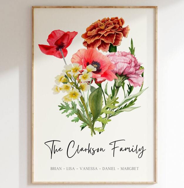 Birth Flower Family Poster Print Personalized Bouquet Wall Art Custom ...