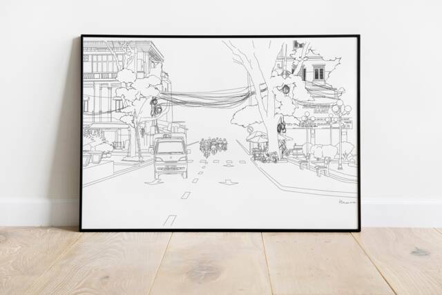 Hanoi, Vietnam, Line Art Drawing, Street Scene, Home & Travel Decor by ...