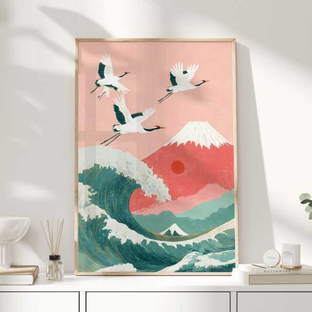 Japanese Wave & Crane Print - Mount Fuji Wall Art in Vintage Ukiyo-E ...