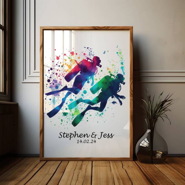 Couples Scuba Diving Print - Personalised Watercolour Poster Prints For ...