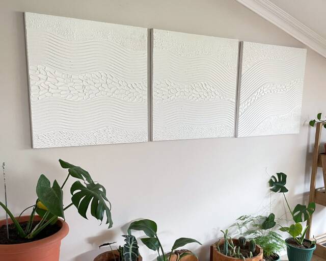 White Wabi Sabi Wall Art, Set Of 3 Textured Plaster Art Canvas, Spackle ...