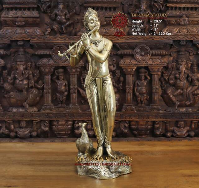 Brass Enticing Modern Krishna Playing Flute With A Beautiful Peacock ...