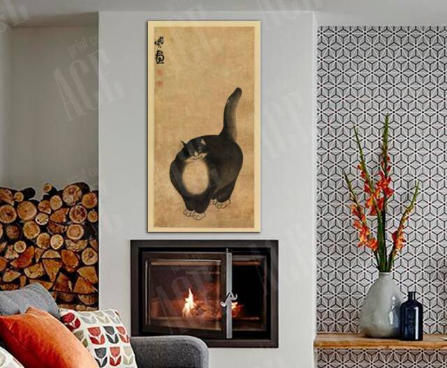 Vintage Black Cat Canvas Print, Min Zhen Reproduction, Chinese Decor by ...