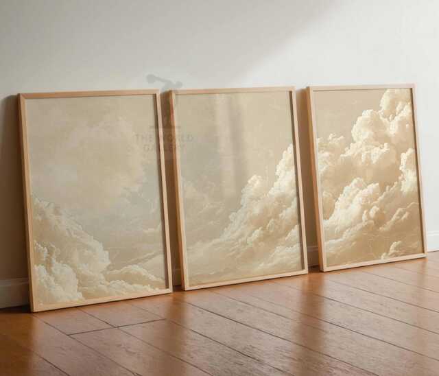 Beige Clouds Bedroom Wall Art Set Of 3 Prints, White Sky Posters ...