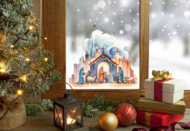 Christmas Window Sticker, Nativity Scene Double-Sided Reusable Sticker ...