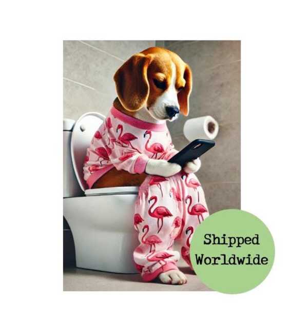 Beagle Sitting On Toilet With Mobile Phone Print - Funny Dog Cell ...