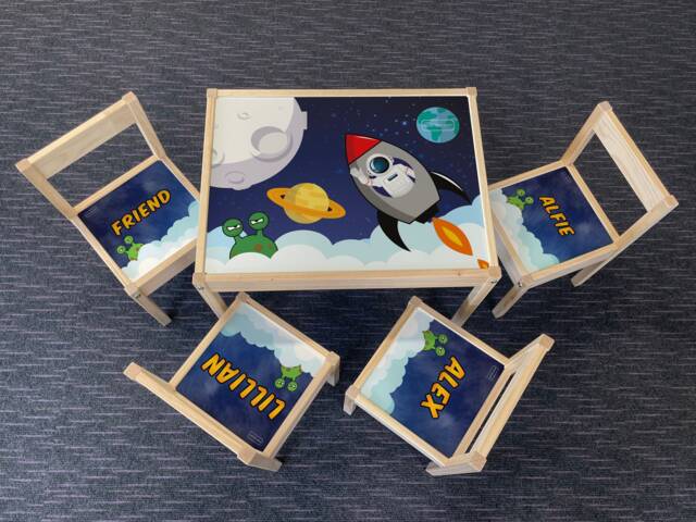 Personalised Children's Ikea Latt Wooden Table & 4 Chairs Printed Space ...