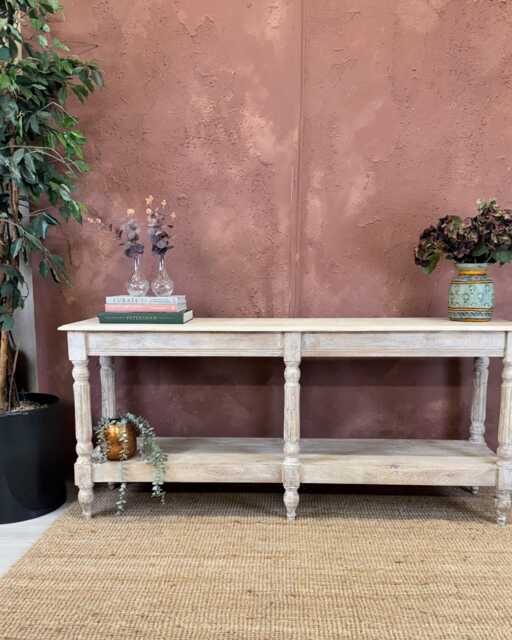 Long Mango Wood Hand-Carved Console Table With Shelf - Creamwash Finish ...