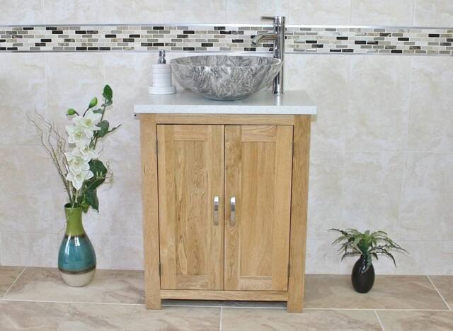 Solid Oak Bathroom Vanity Unit - White Quartz Top Marble Basin Choice ...