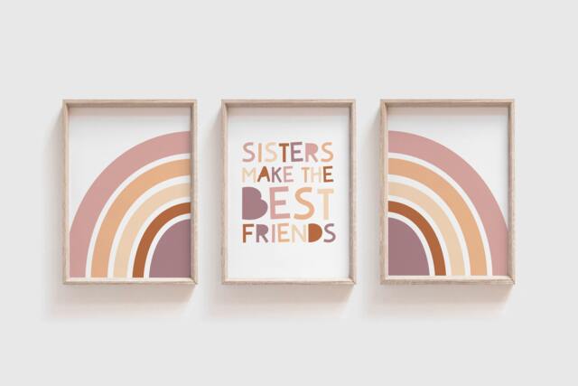 3 Girls Nursery Prints, Rainbow Sister Make Best Friends Wall Art ...