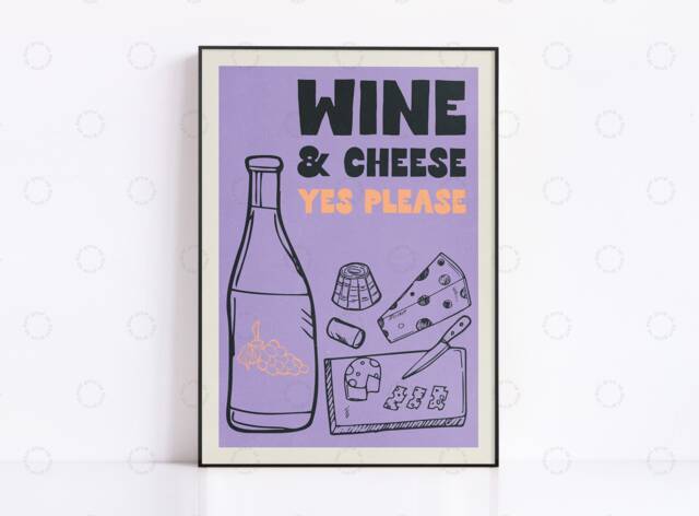 Wine & Cheese Print, Vintage Drink Poster, Retro Food Kitchen Art ...