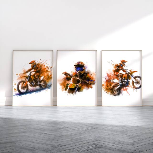 Motocross Poster Prints - Orange Set Of 3 Watercolour Dirt Bikes ...
