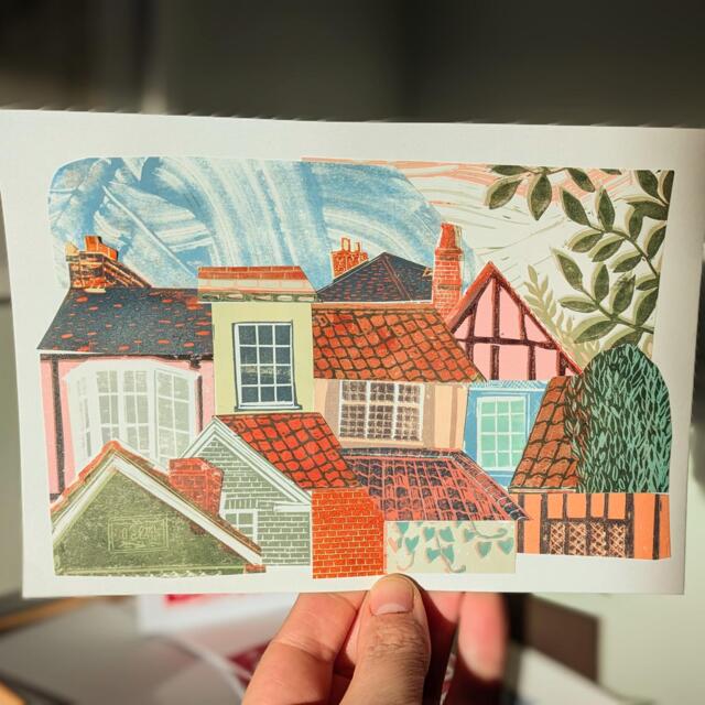Original Linocut Collage Rooftops Lino Print Art Suffolk Sudbury ...