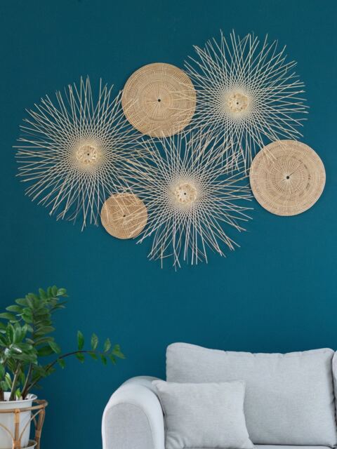 Set Of 6 Rattan & Bamboo Wall Decor - Round Circle Thatched Basket Wood ...