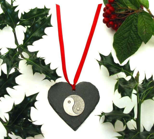 Yin & Yang Design Natural Slate Heart - Hanging Ornament Celestial Home ...