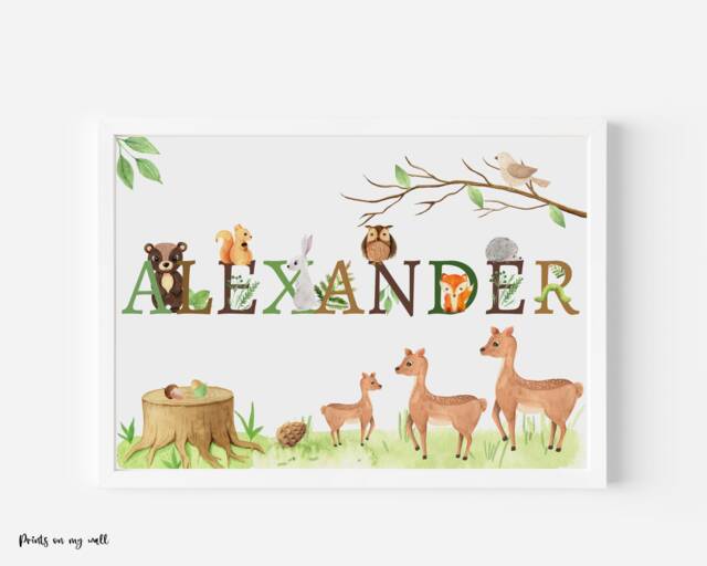 Woodland Print, Personalised Name Forest Animals, Childrens Wall Art ...