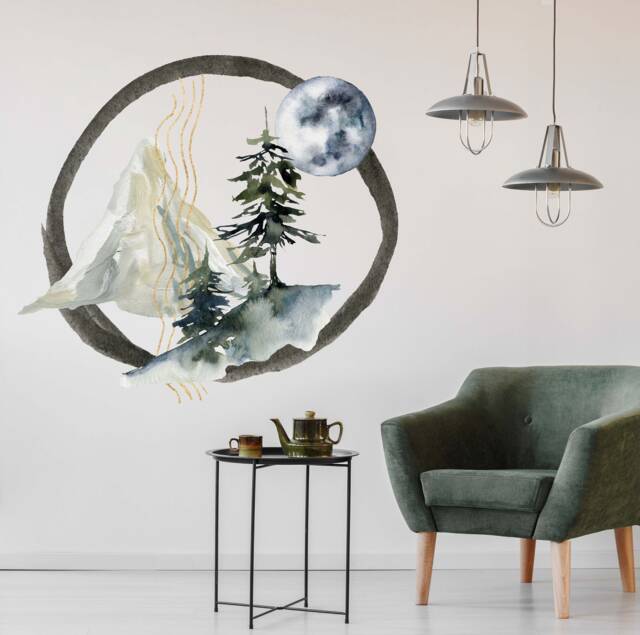 Wall Decal - Abstract Circle Mountain Wall Decal Green Blue Watercolour ...