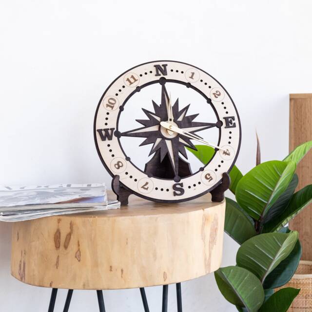 Compass Wall Clock, Nautical Wood Clock Large, Wooden With Numbers ...
