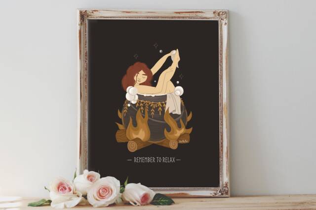 Art Print - Witch Bathing in Cauldron Goddess Remember To Relax ...