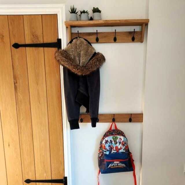 Set Of Oak Coat Rack Handmade Wooden Hook Entryway Shelf With Cast Iron ...