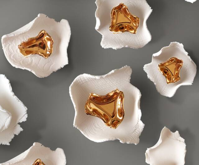 Set Of 25 3D Micro Tiles, White Porcelain Flower Wall Art, Gold 24 Kt Details, Interior Design ...